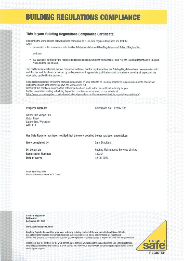 Equipment Certifications – Callow End Village Hall
